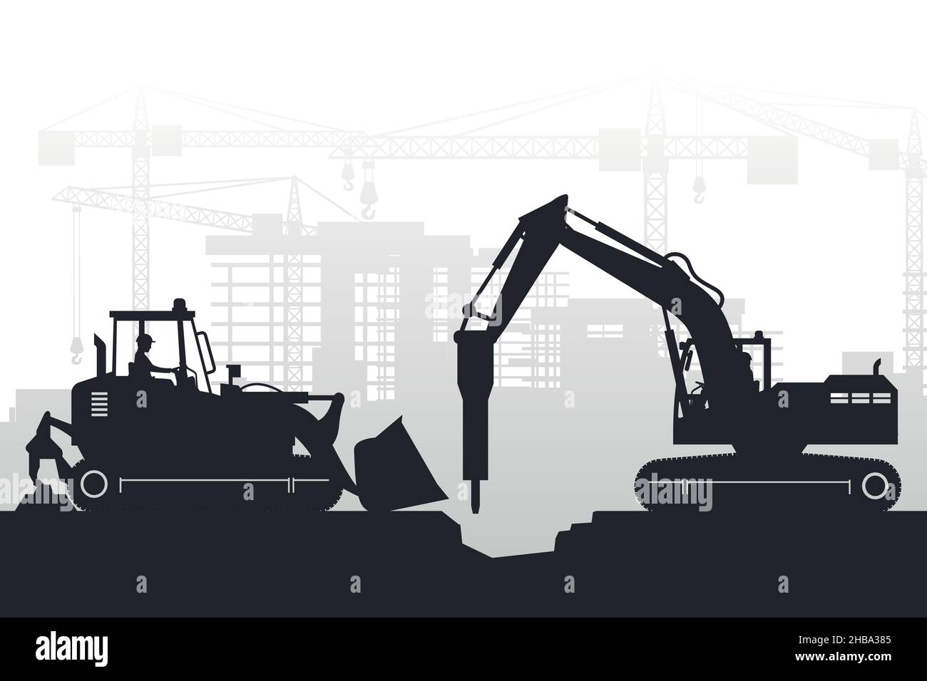 Background with silhouettes of heavy machinery with operator driving a ...