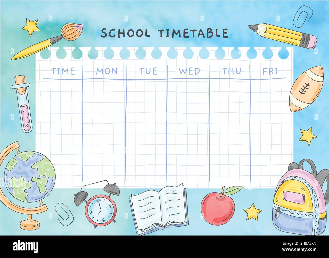 watercolor back school vector design illustration timetable template ...