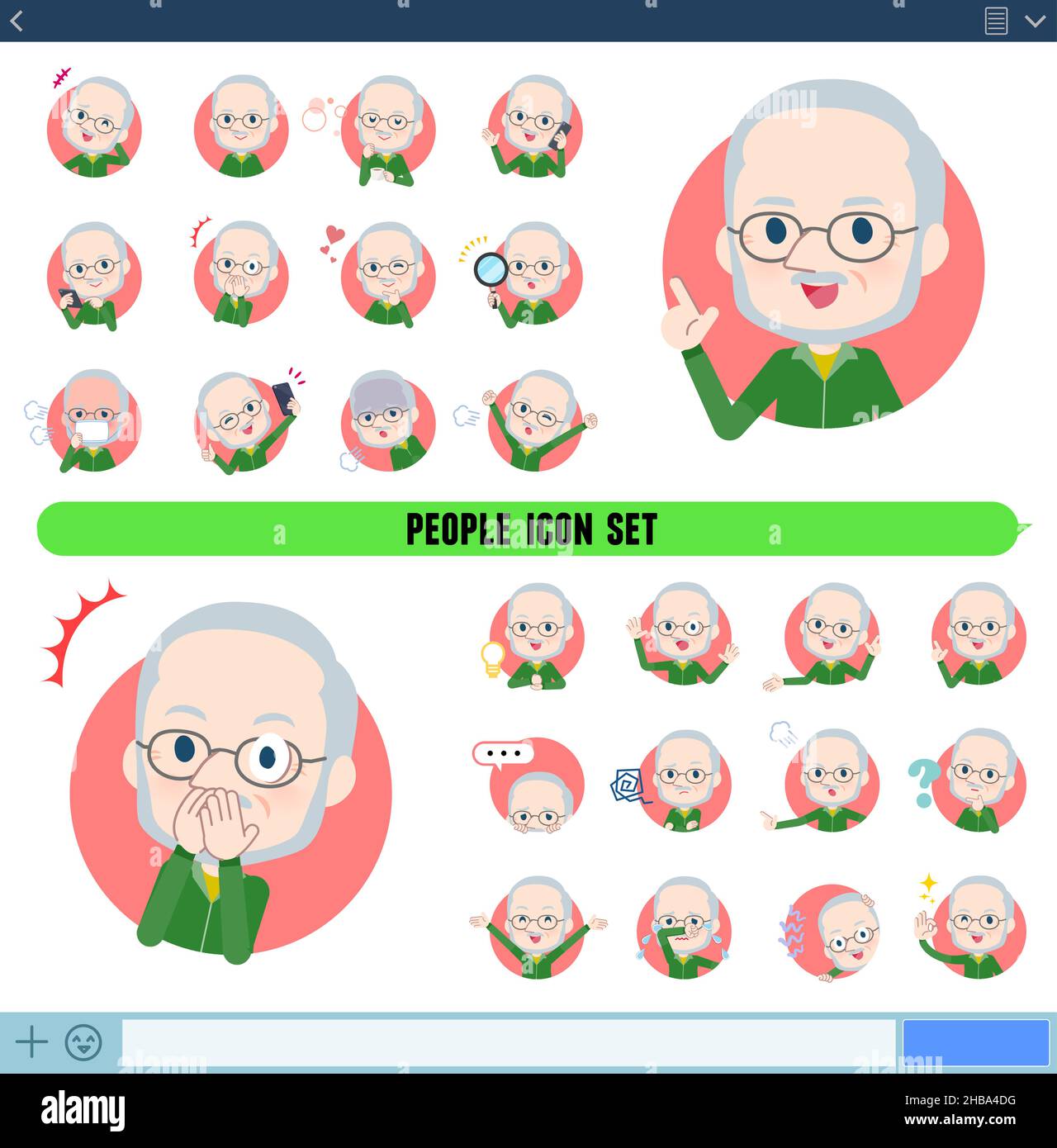 A Set Of Old Man In A Green Jersey With Expresses Various Emotions In