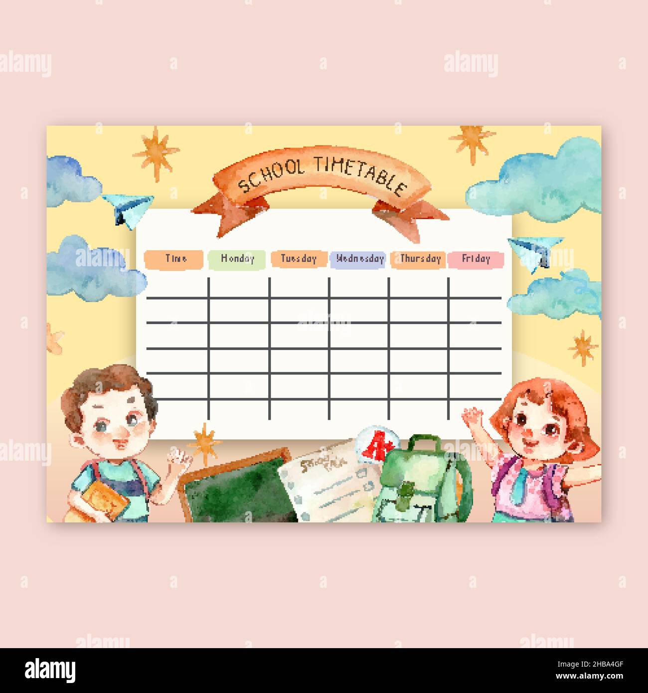 watercolor back school vector design illustration timetable template ...
