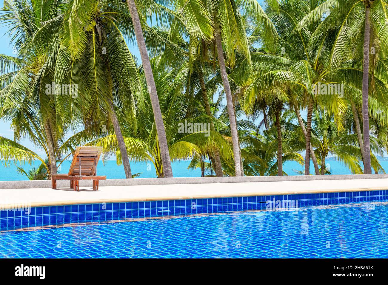 Swimming pool blue water, sea beach poolside, tropical island nature ...