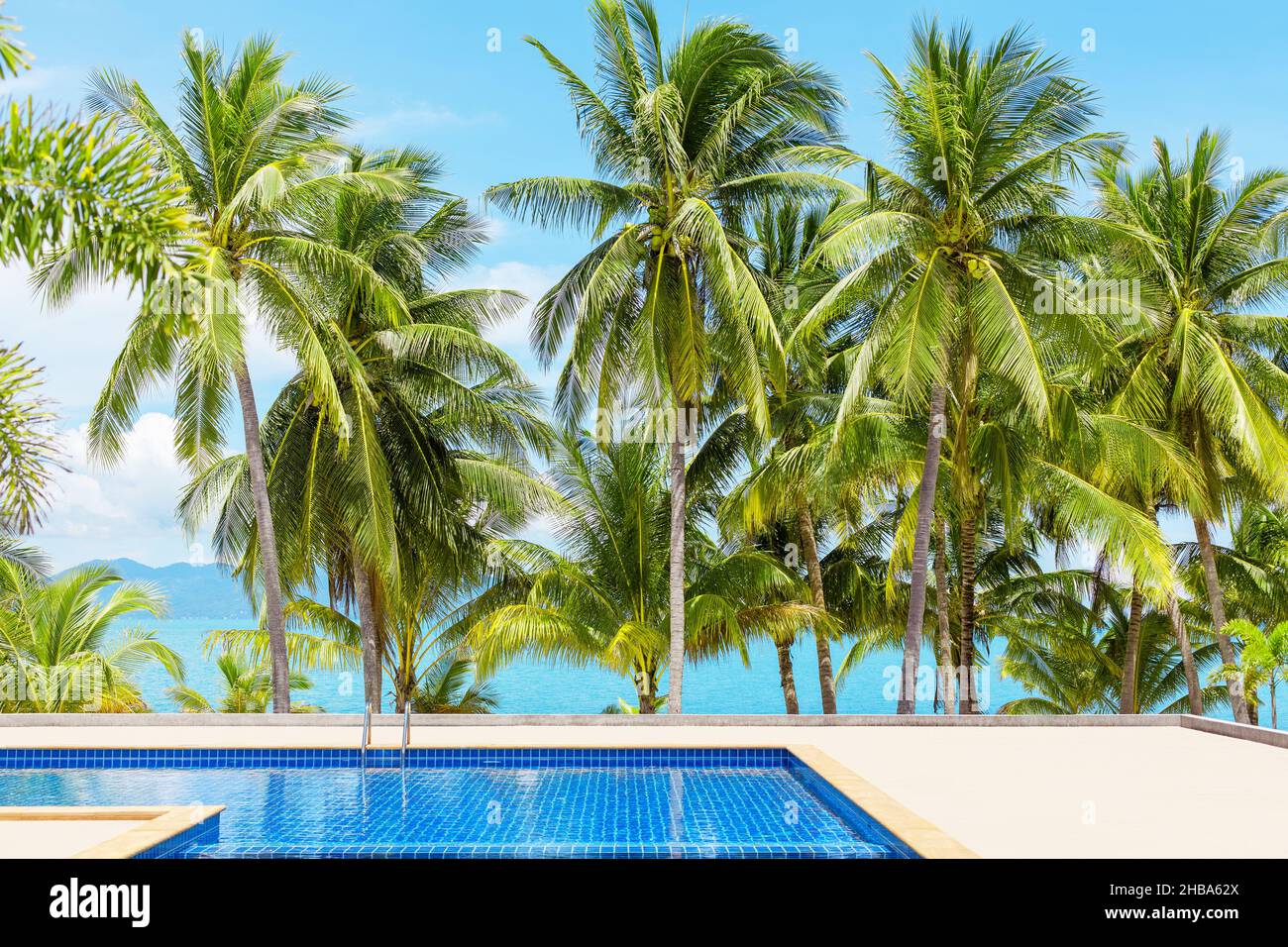 Swimming pool blue water, sea beach poolside, tropical island nature ...