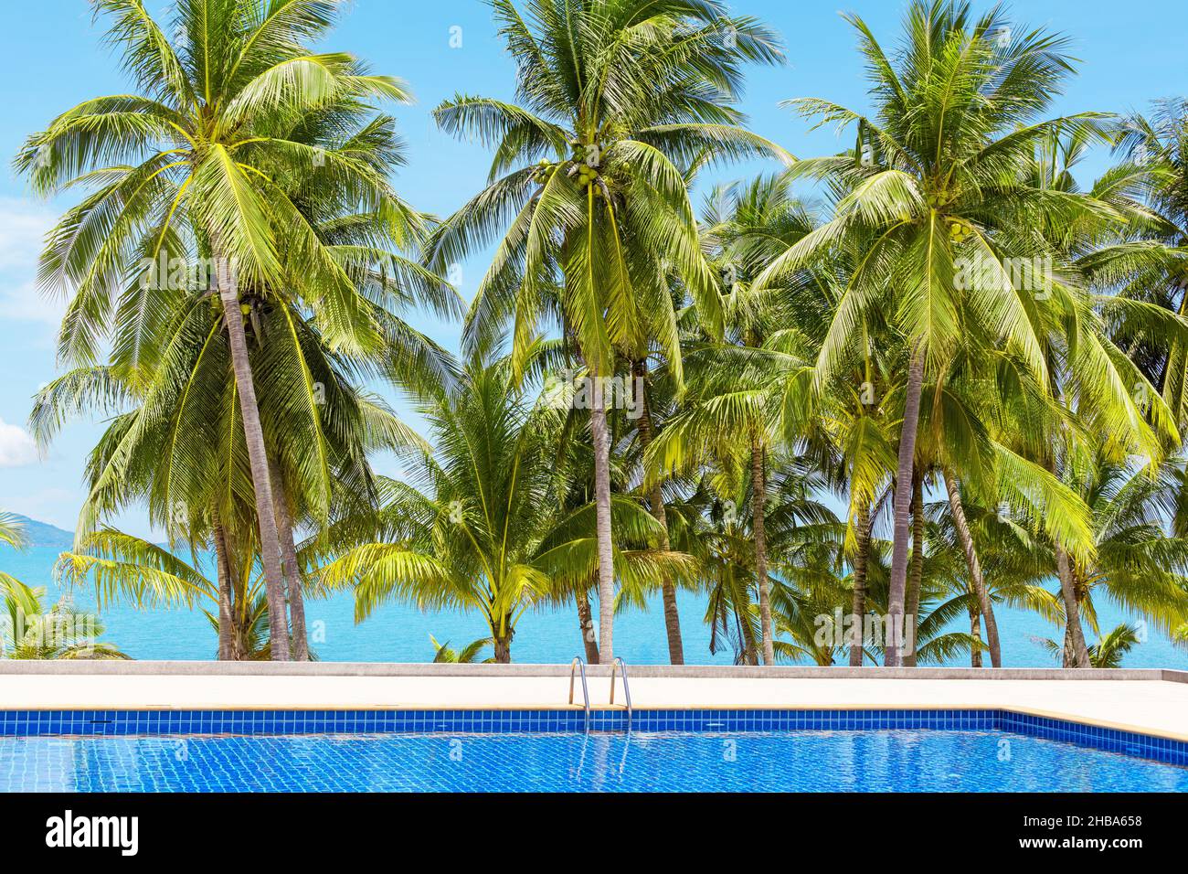 Swimming pool blue water, sea beach poolside, tropical island nature ...