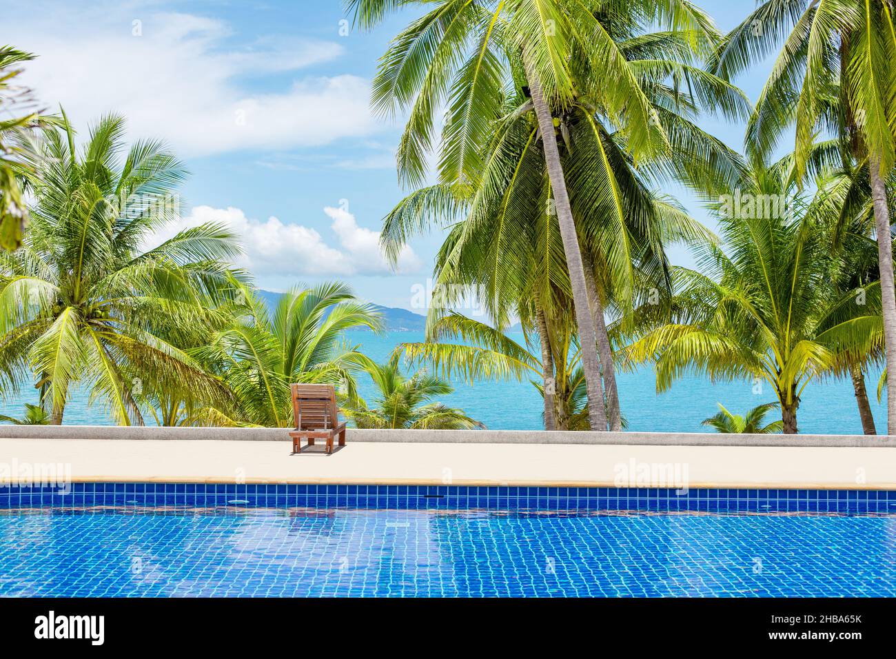 Swimming pool blue water, sea beach poolside, tropical island nature ...