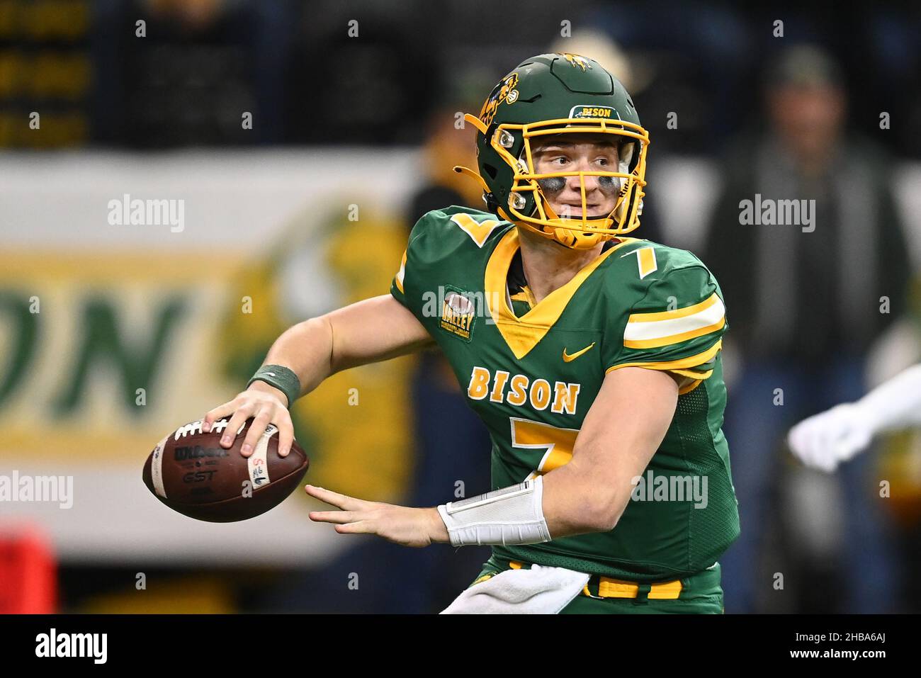 North Dakota State Bison quarterback Cam Miller (7) looks to pass the ...