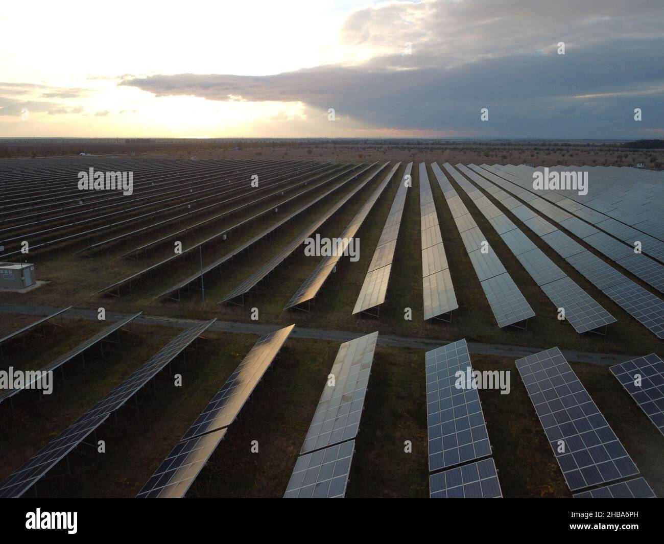 Aerial top view of a solar panels power plant. Photovoltaic solar ...