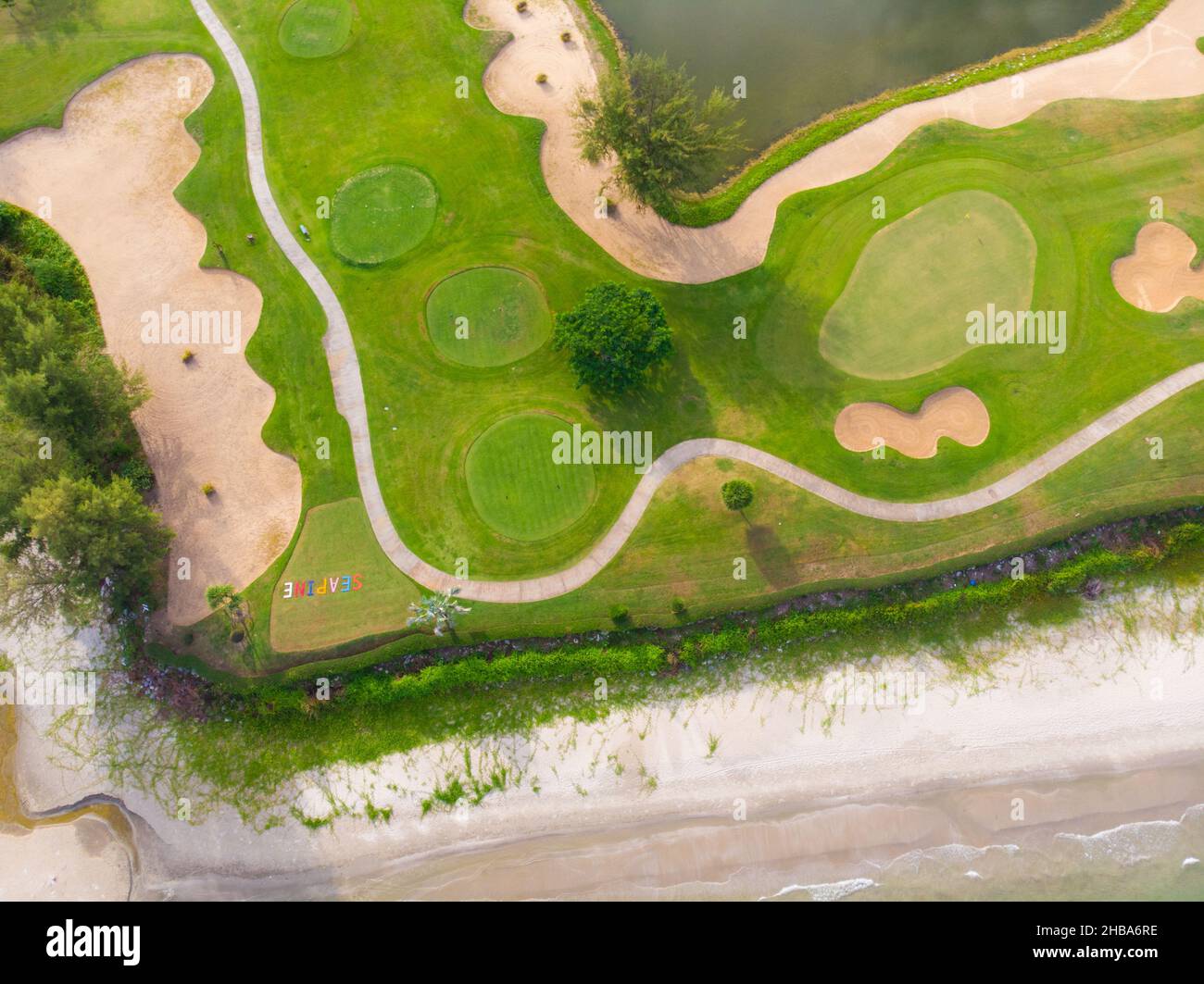 Aerial view green grass golf course field with river sport club Stock ...