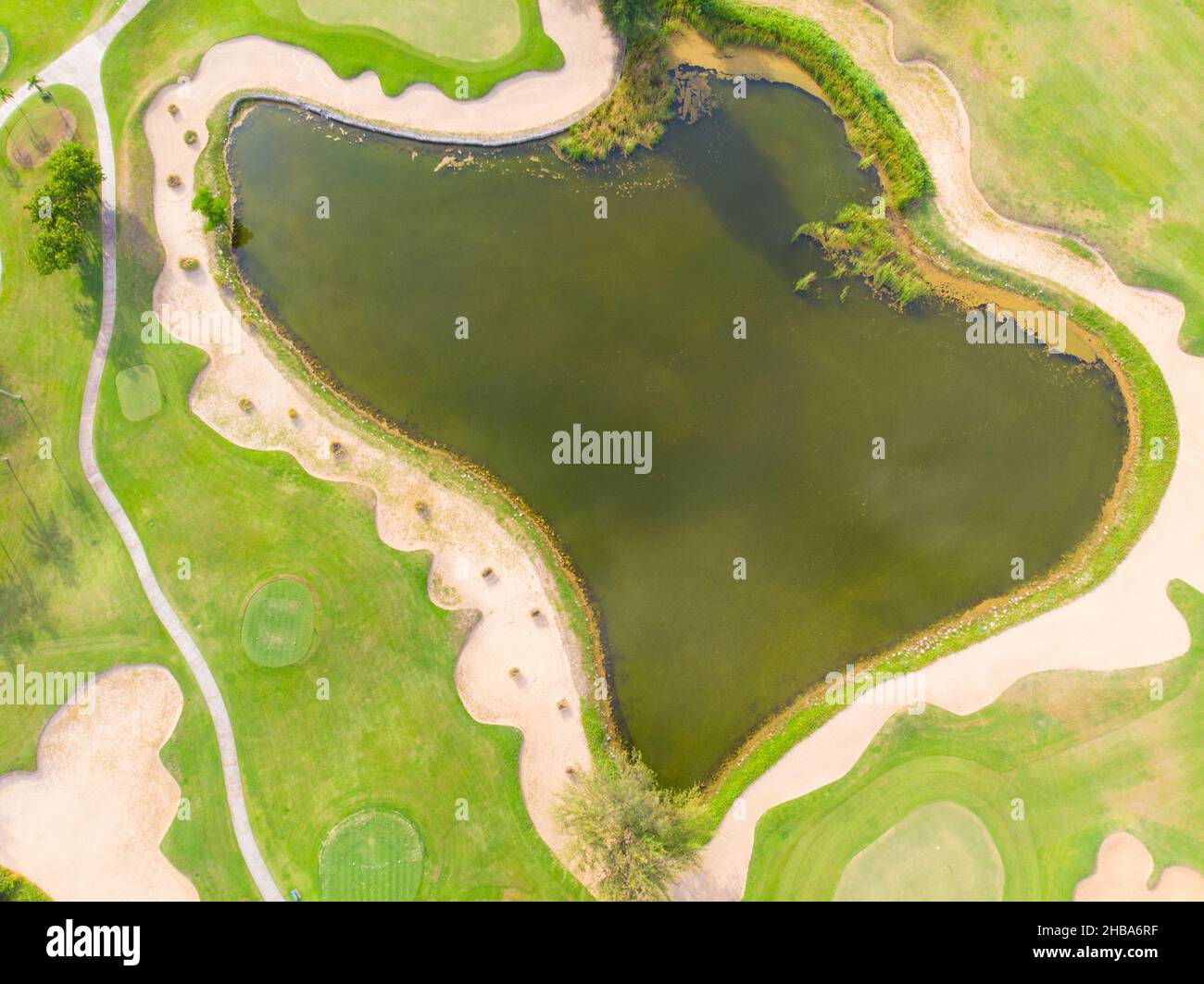 Aerial view green grass golf course field with river sport club Stock ...