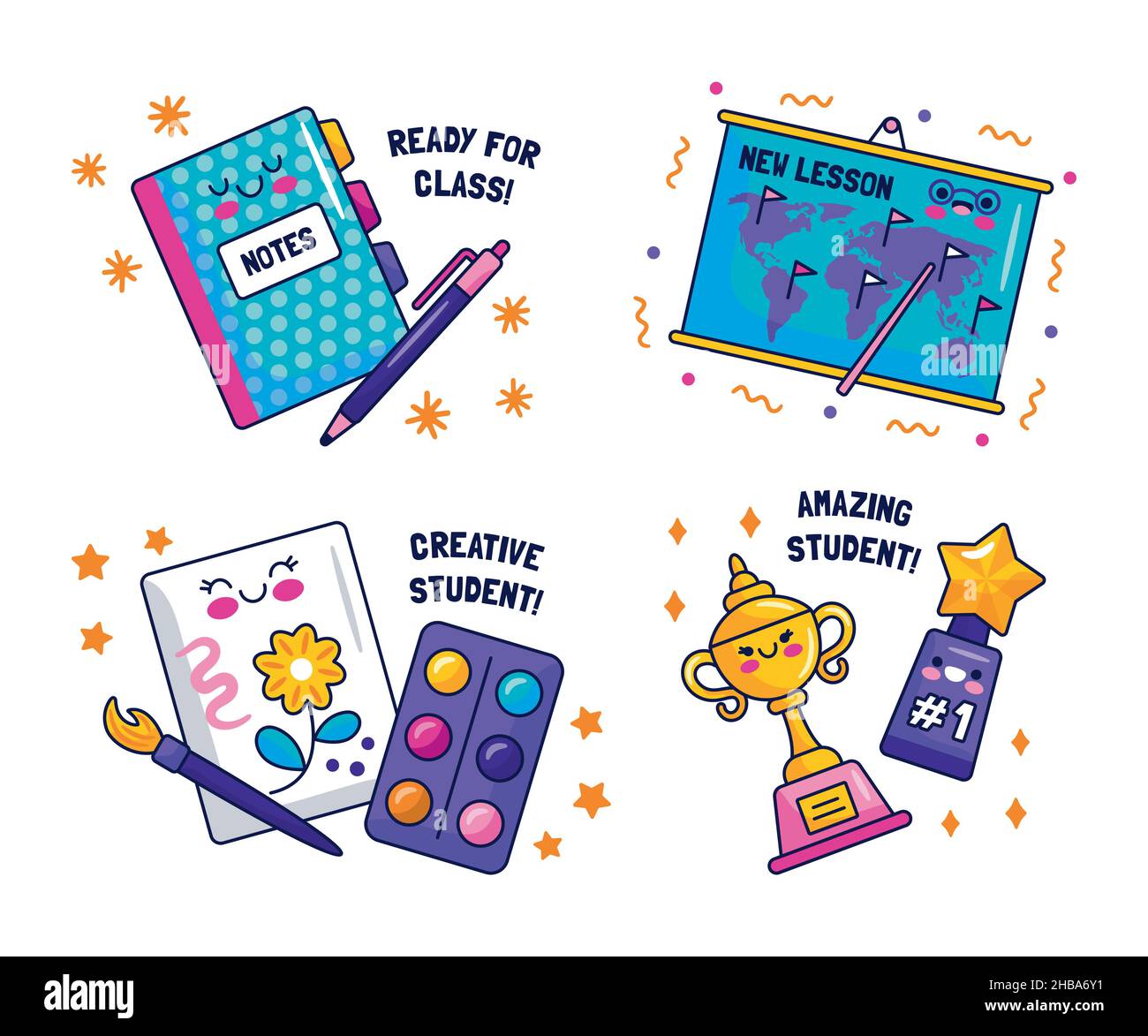 kawaii back school vector design illustration stickers collection Stock ...