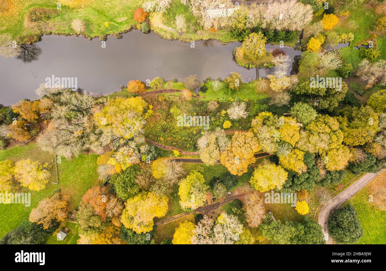 Top down view over Park, Pond and Gardens from a drone in the colors of ...