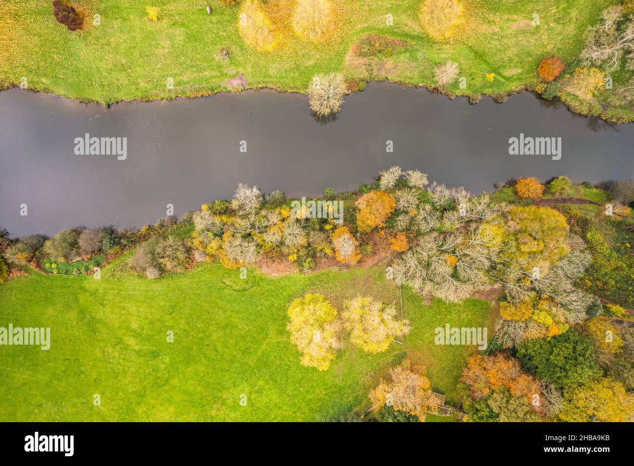 Top down view over Park, Pond and Gardens from a drone in the colors of ...