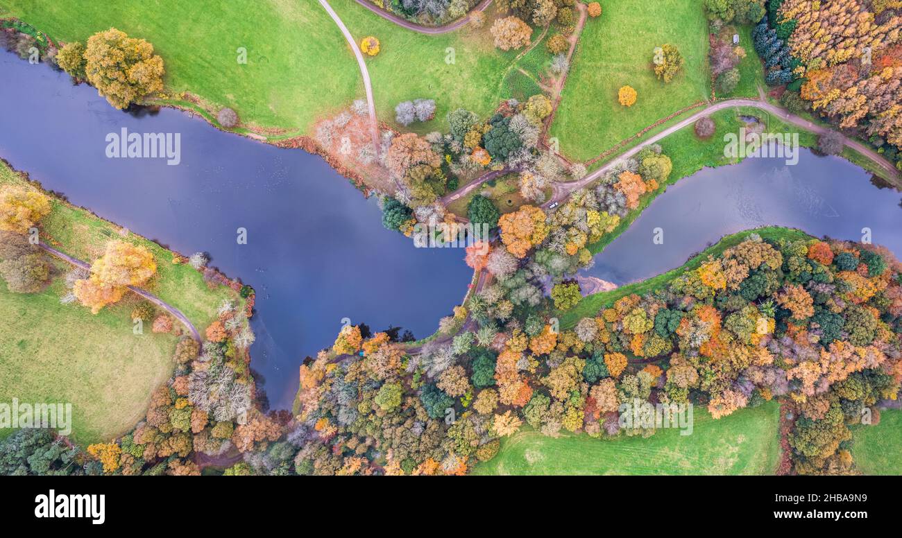 Top down view over Park, Pond and Gardens from a drone in the colors of ...