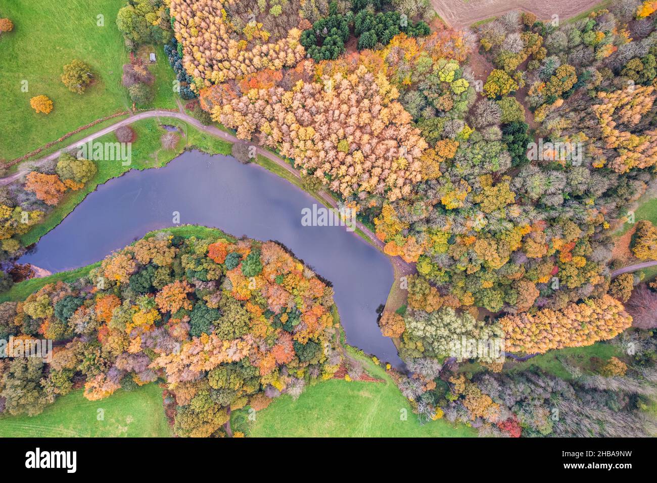 Top down view over Park, Pond and Gardens from a drone in the colors of ...