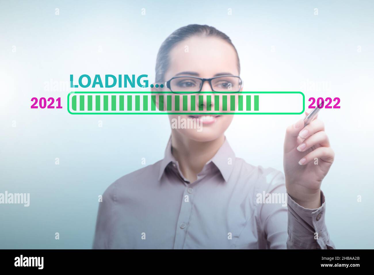 Businesswoman pressing virtual button with the year 2022 Stock Photo ...