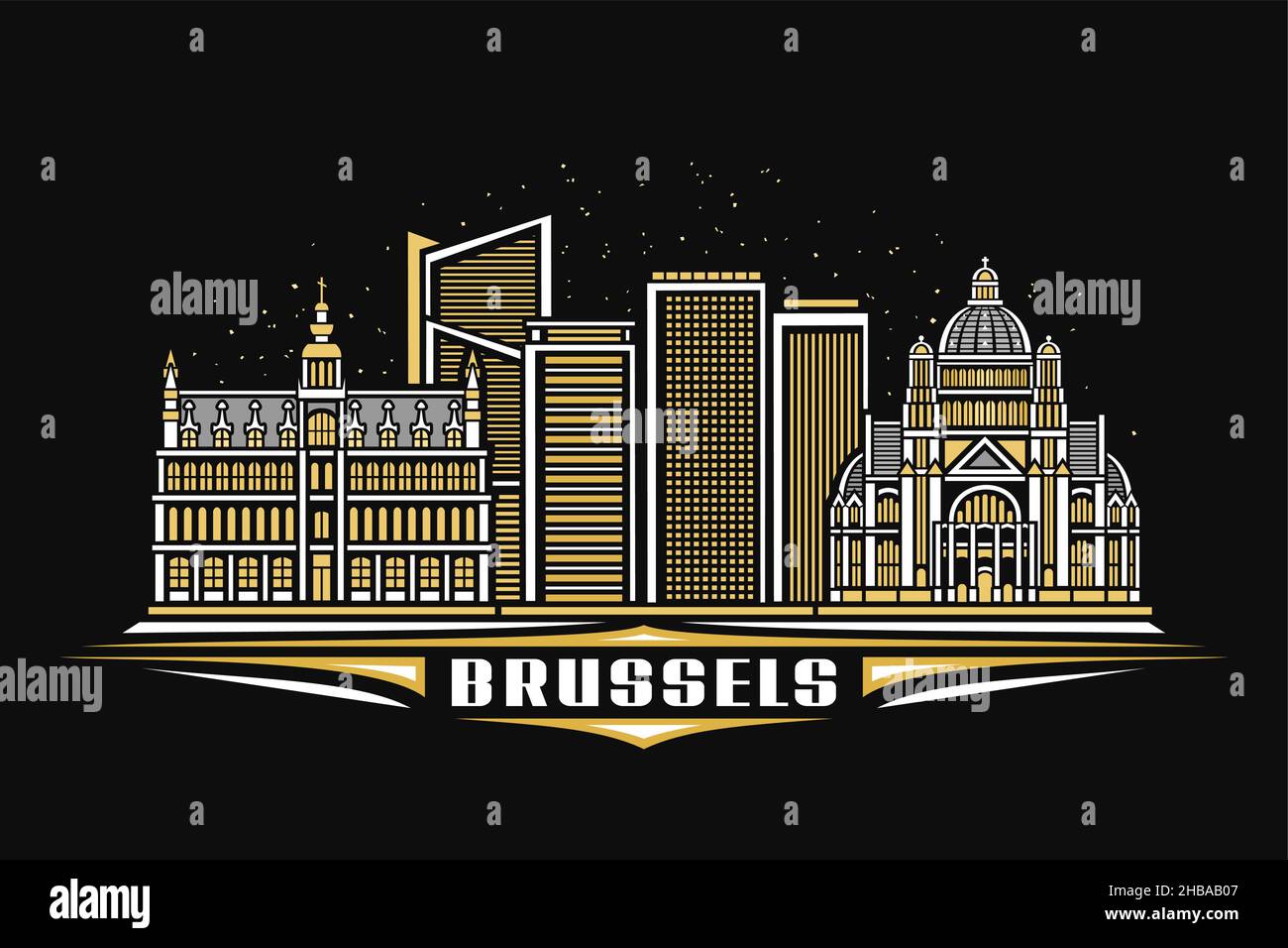 Vector illustration of Brussels, dark horizontal poster with linear ...