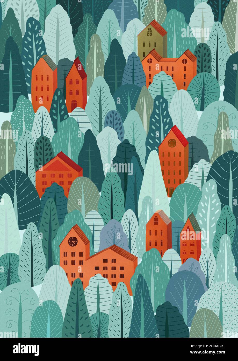 Cute hand draw illustration of landscape natural background, village ...