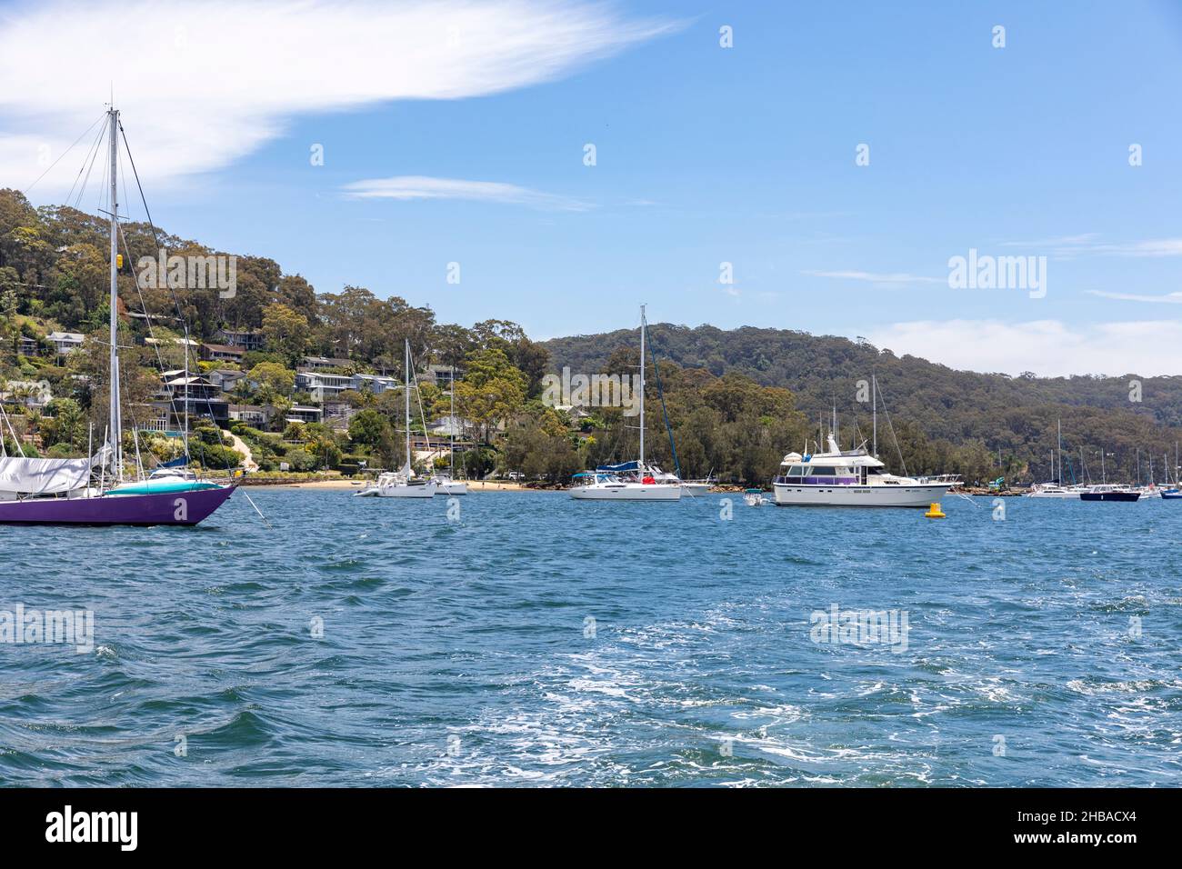 Pittwater sailing and boating area in Sydney's north on a blue sky ...