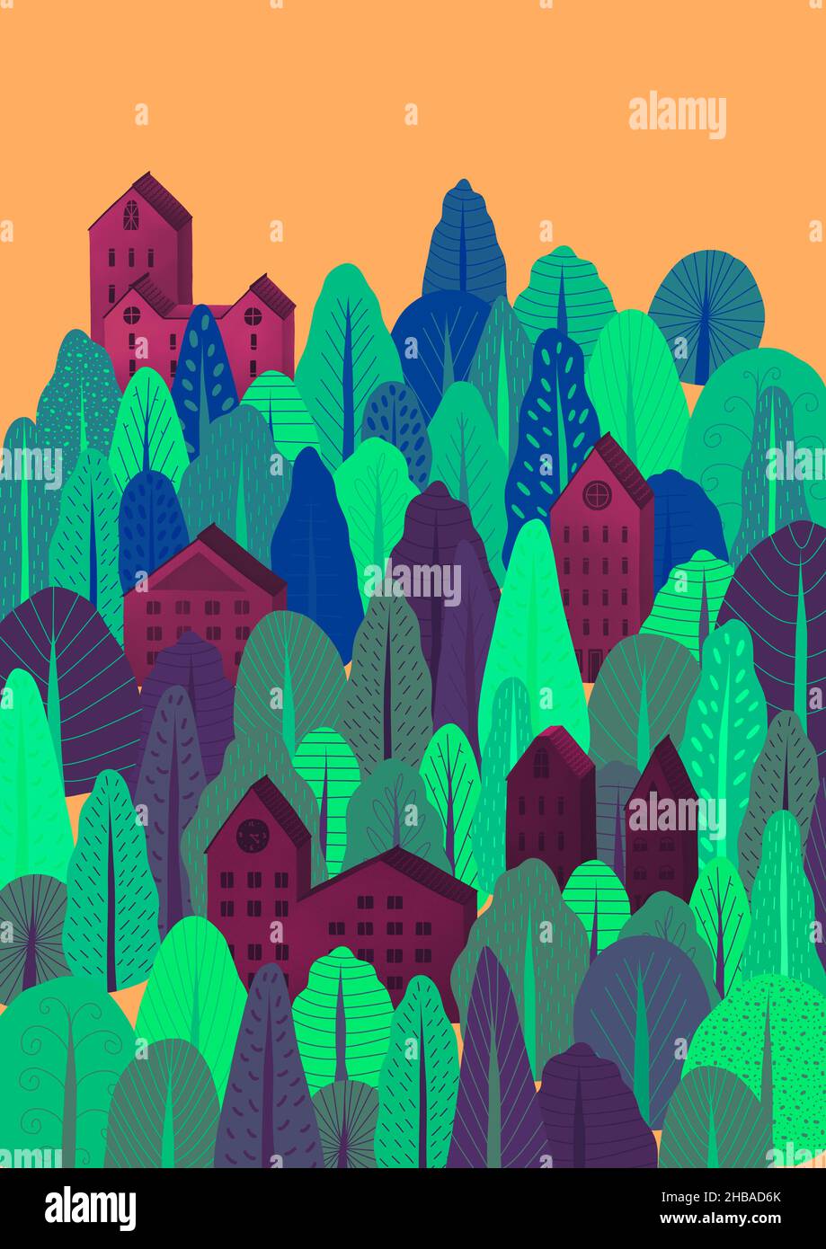 Decorative forest illustration. Many different trees in forest ...