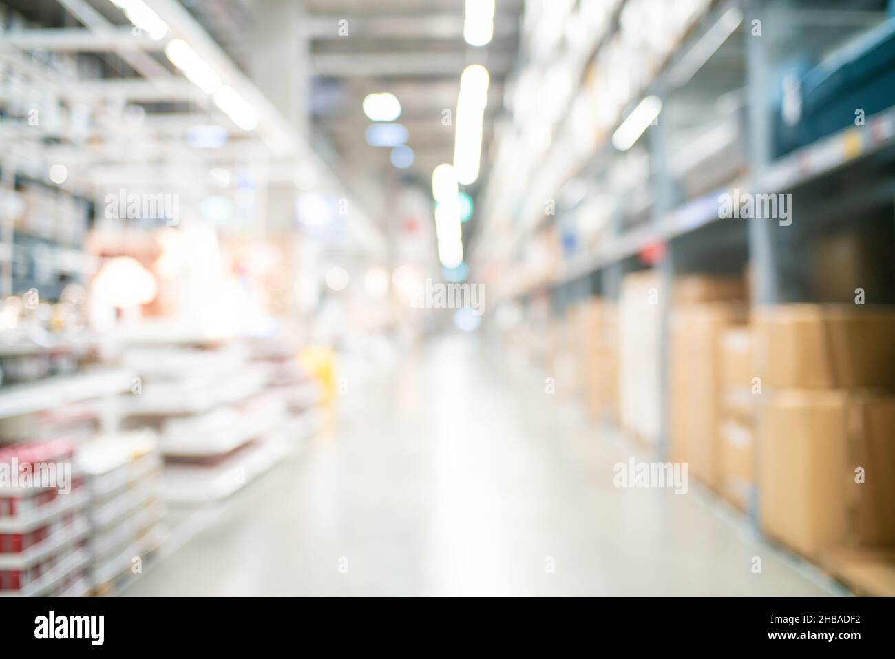 Abstract blurred store shelf of box supermarket with bokeh business ...