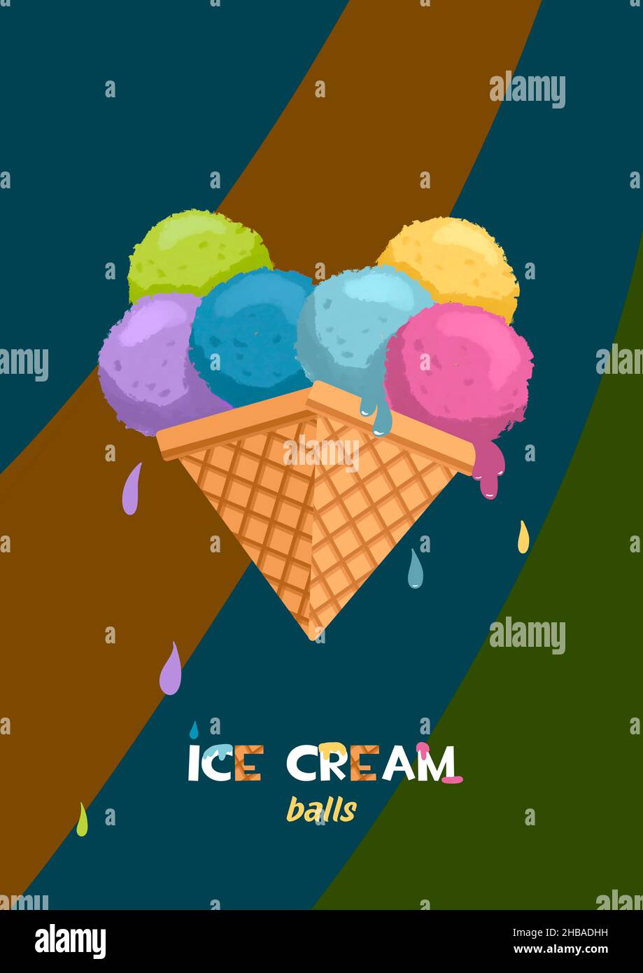 Ice cream balls illustration. Sweat heart. Ice cream in a waffle cone ...