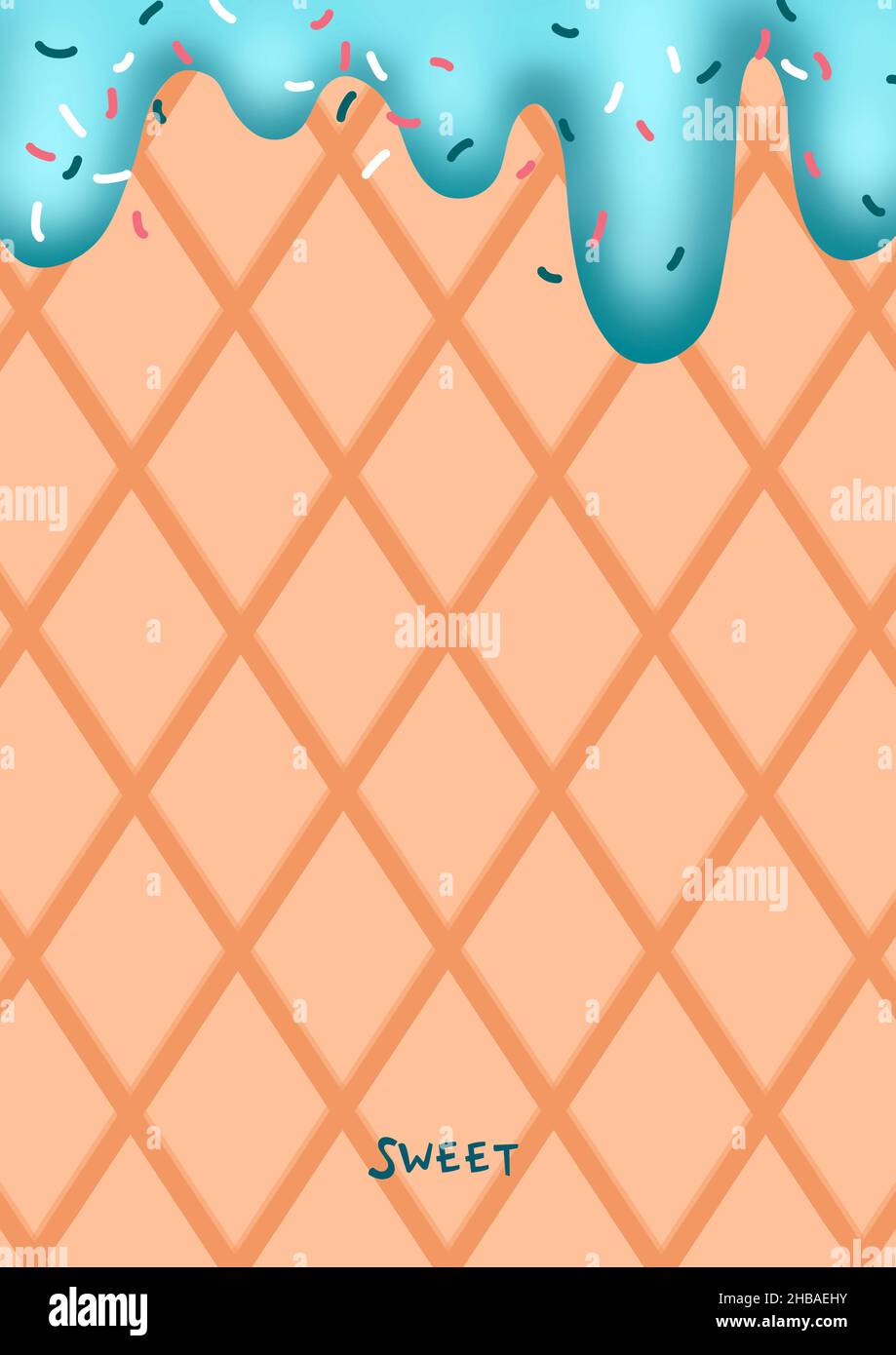 Sweet. Wafer vertical texture. Thawed ice cream flows from a waffle cup ...