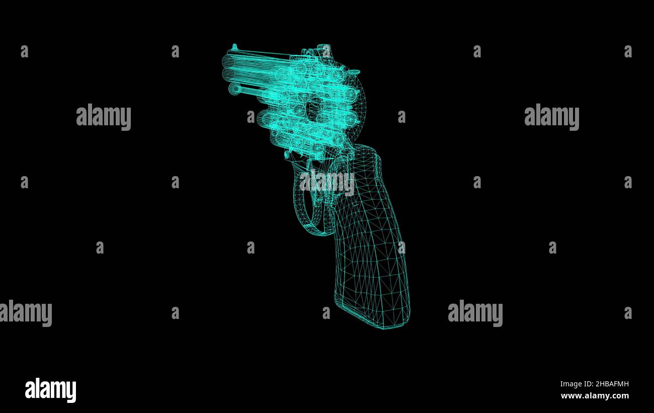 3d illustration - Revolver gun wireframe scheme with blue grid lines on ...