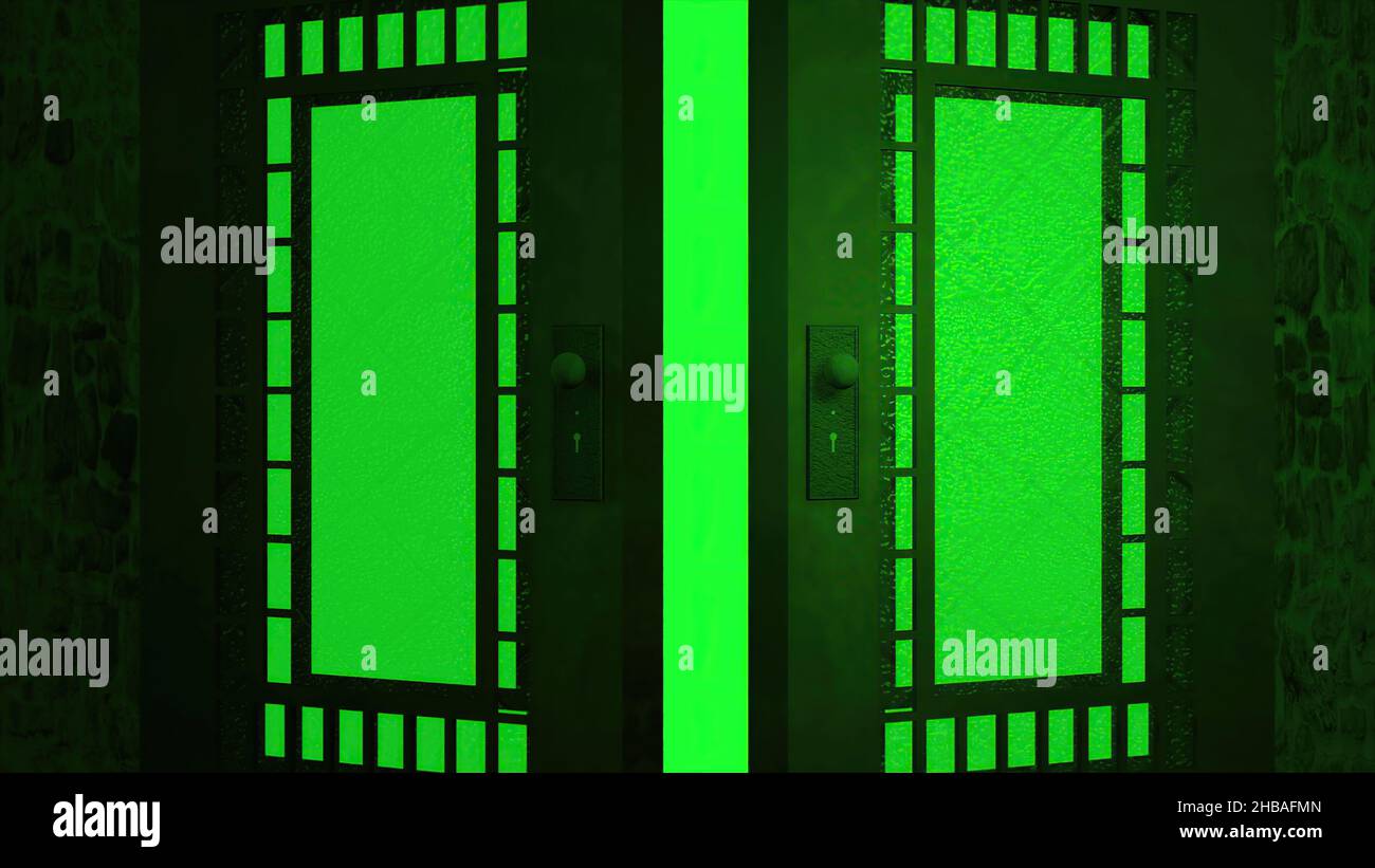 3d illustration - open wood door on green background Stock Photo - Alamy