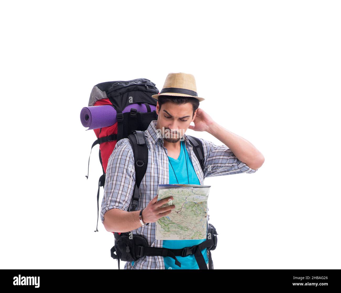 The man lost and looking for direction with map on white Stock Photo ...