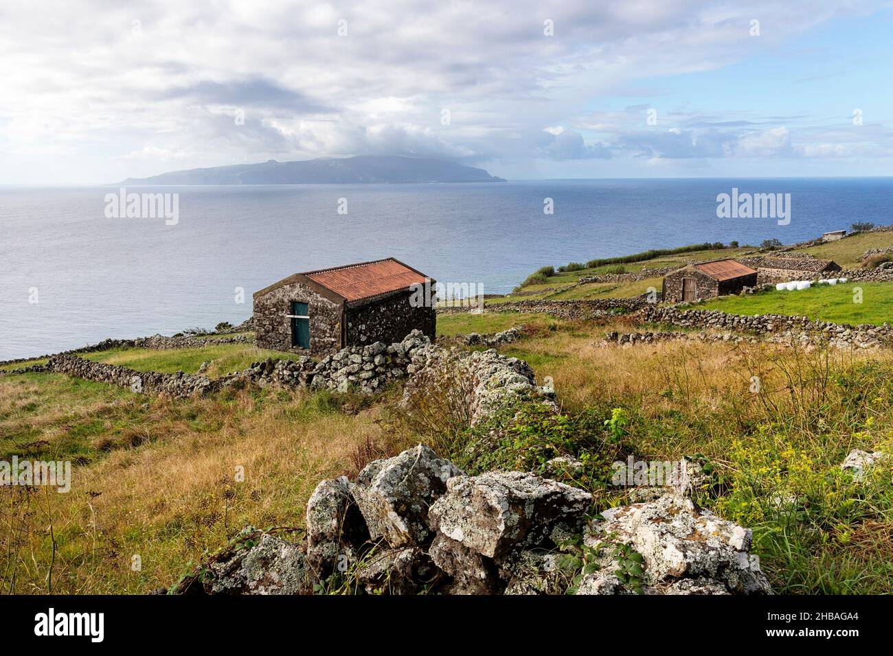 Landscape with agriculture fields at Corvo island, Azores, Portugal ...