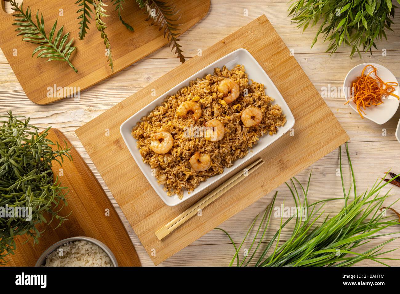 Flat lay shot of Asian traditional food. Shrimp with rice Stock Photo ...