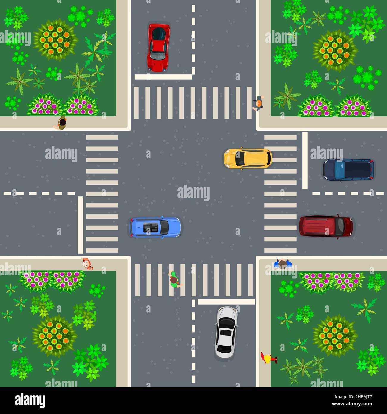 Crossroad top view with cars, roads, and people on sidewalk and ...