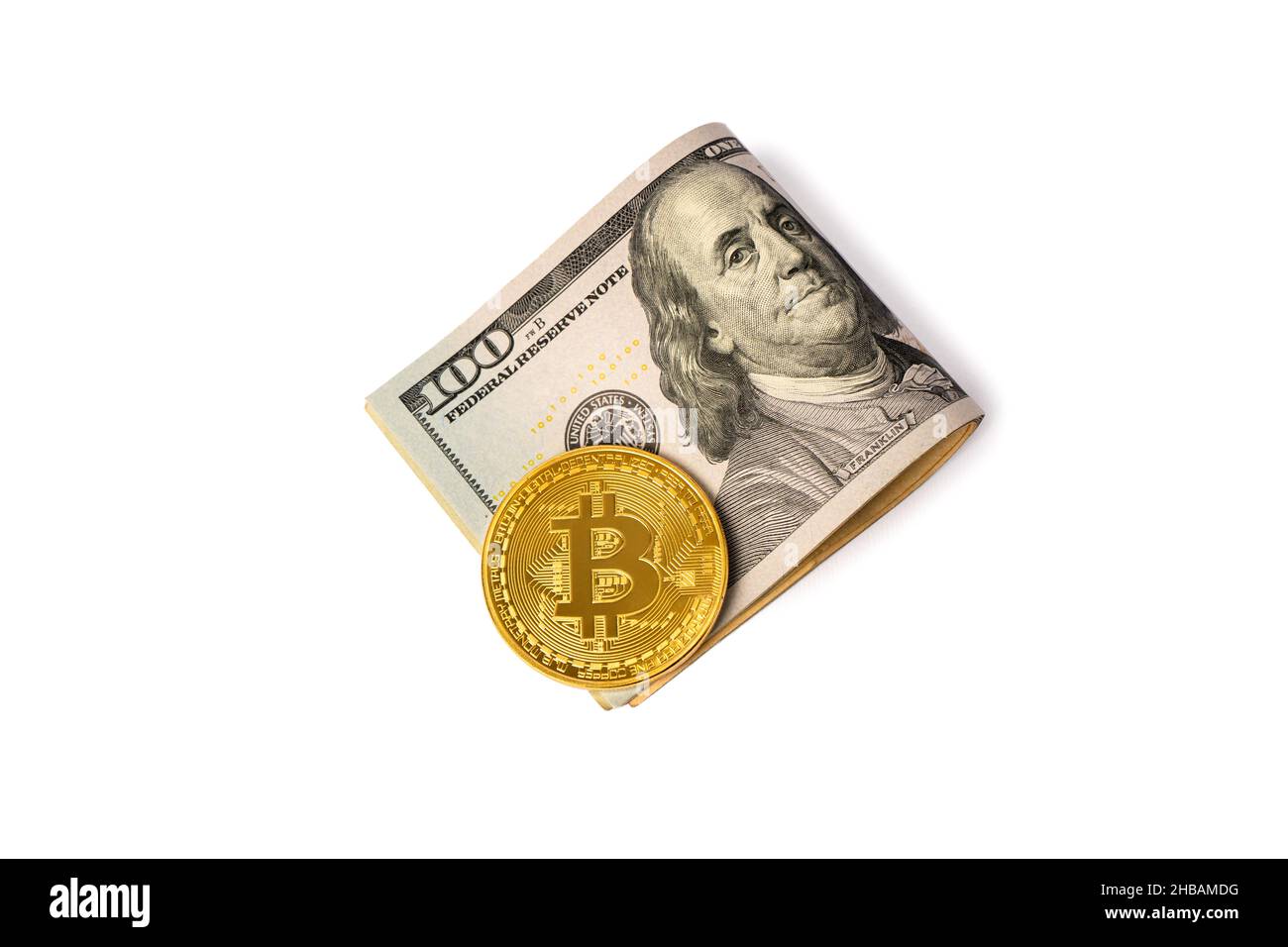 Dollar paper banknotes with bitcoin coin isolated on white background ...