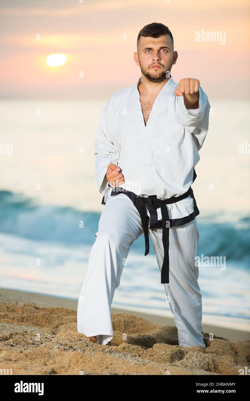 Active male doing karate at ocean quay Stock Photo - Alamy