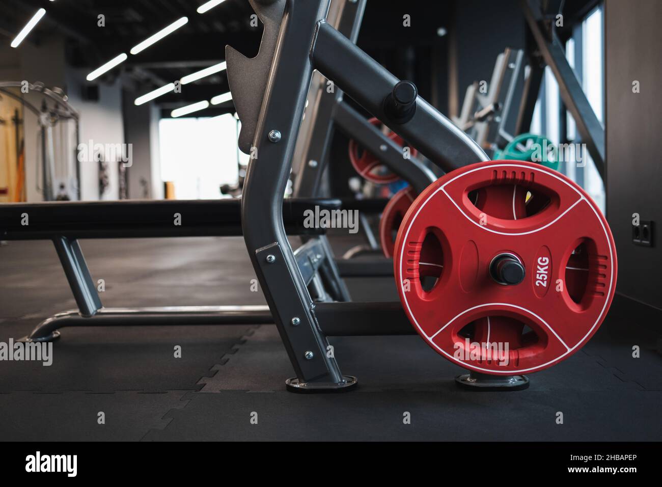 Bench with a barbell and discs on the rack to perform the barbell bench ...