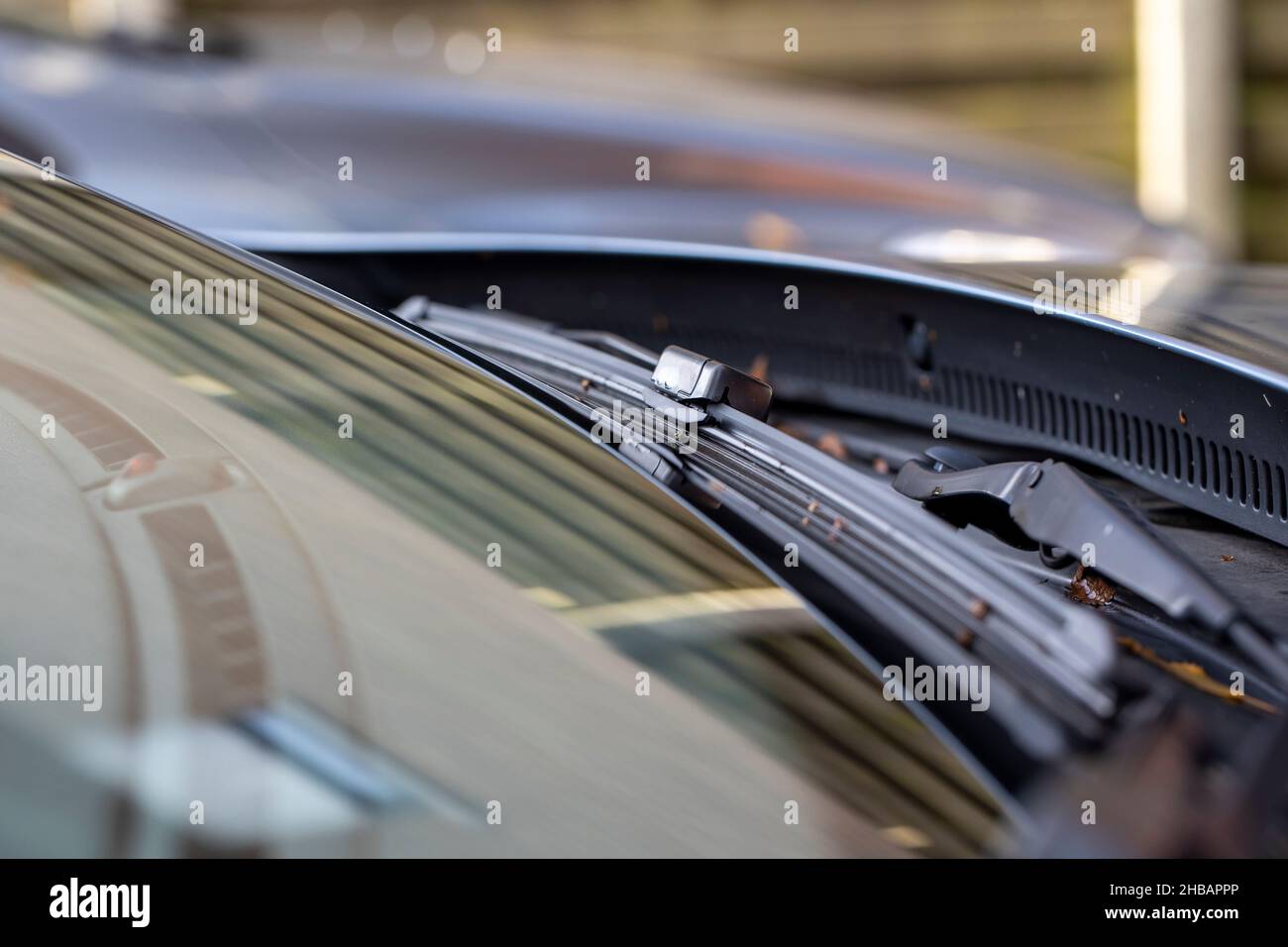 A close up portrait of a windshield wiper of a car standing at its ...