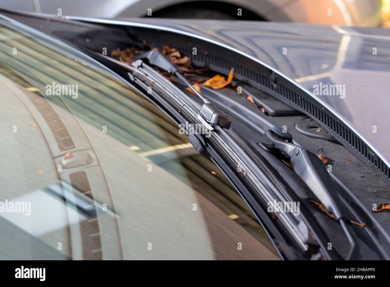A portrait of a windshield wiper of a car standing at its lowest of ...