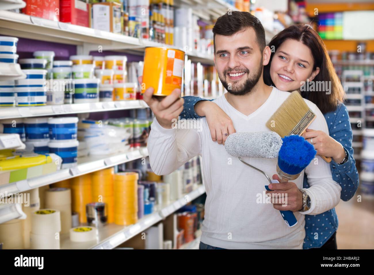 Couple deciding on best color scheme Stock Photo - Alamy