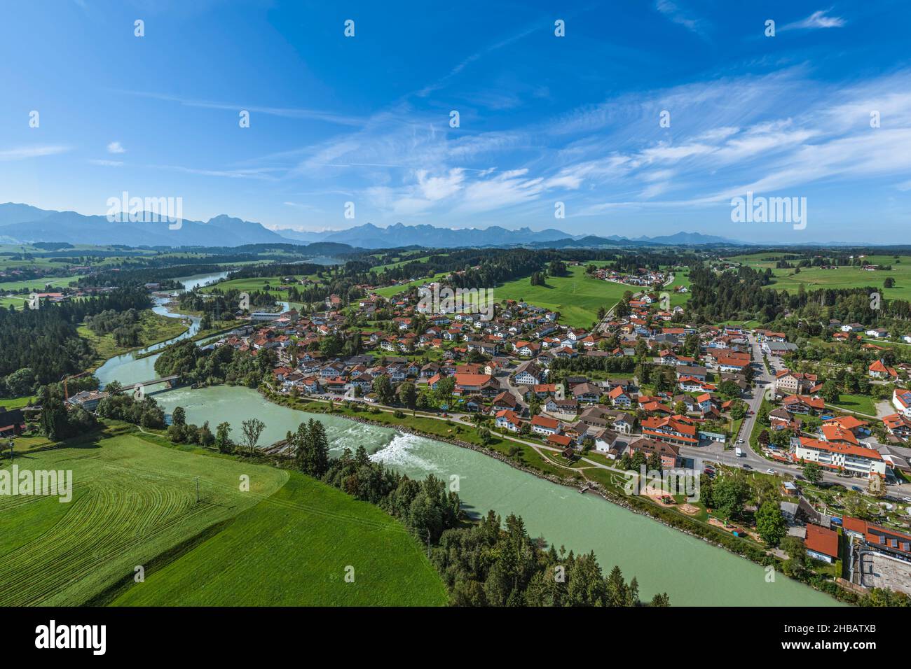 Aerial view to Lechbruck and the Lech lake Stock Photo - Alamy