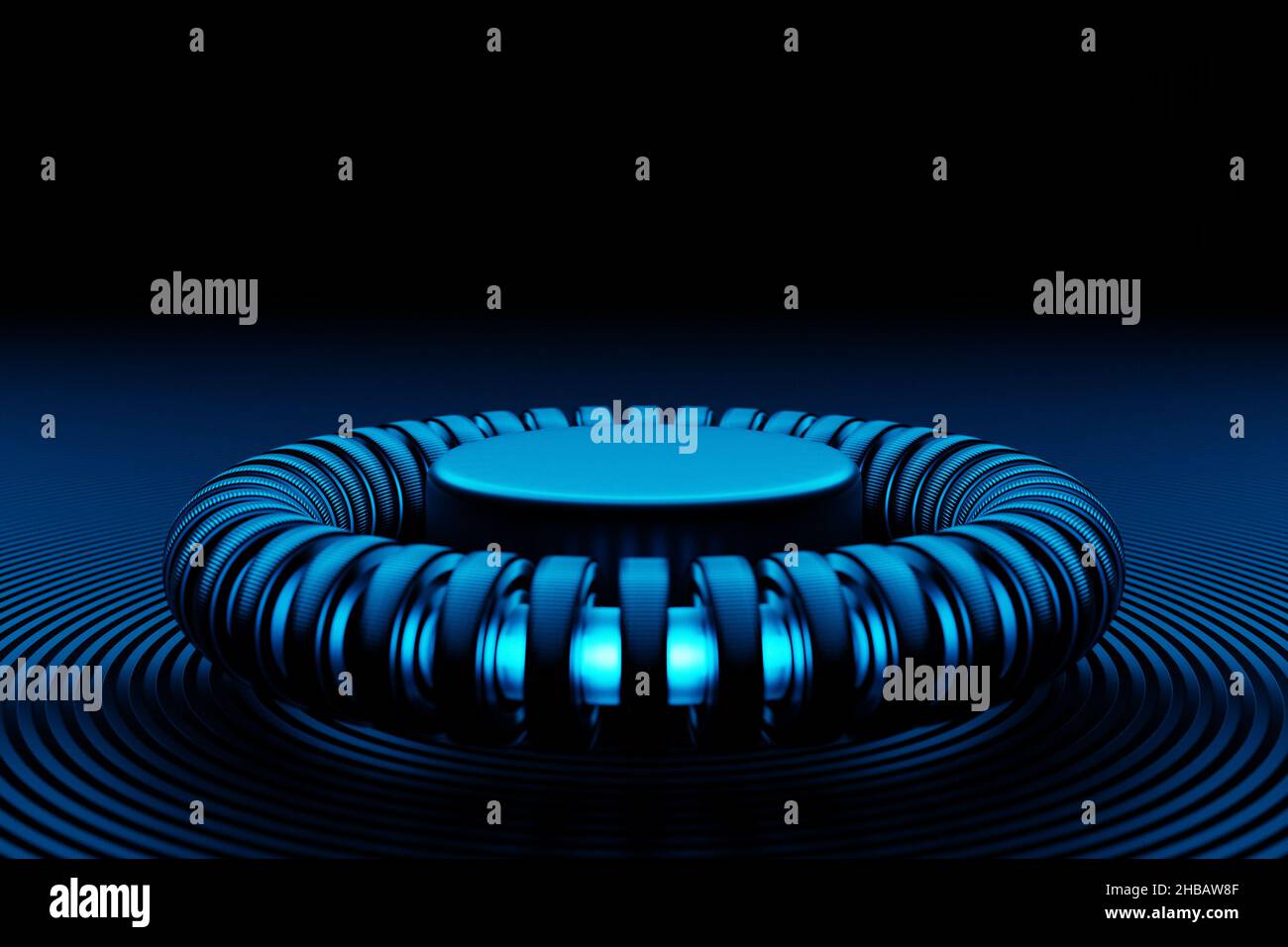 3D rendering abstract blue round shape, portal . round spiral on dark ...