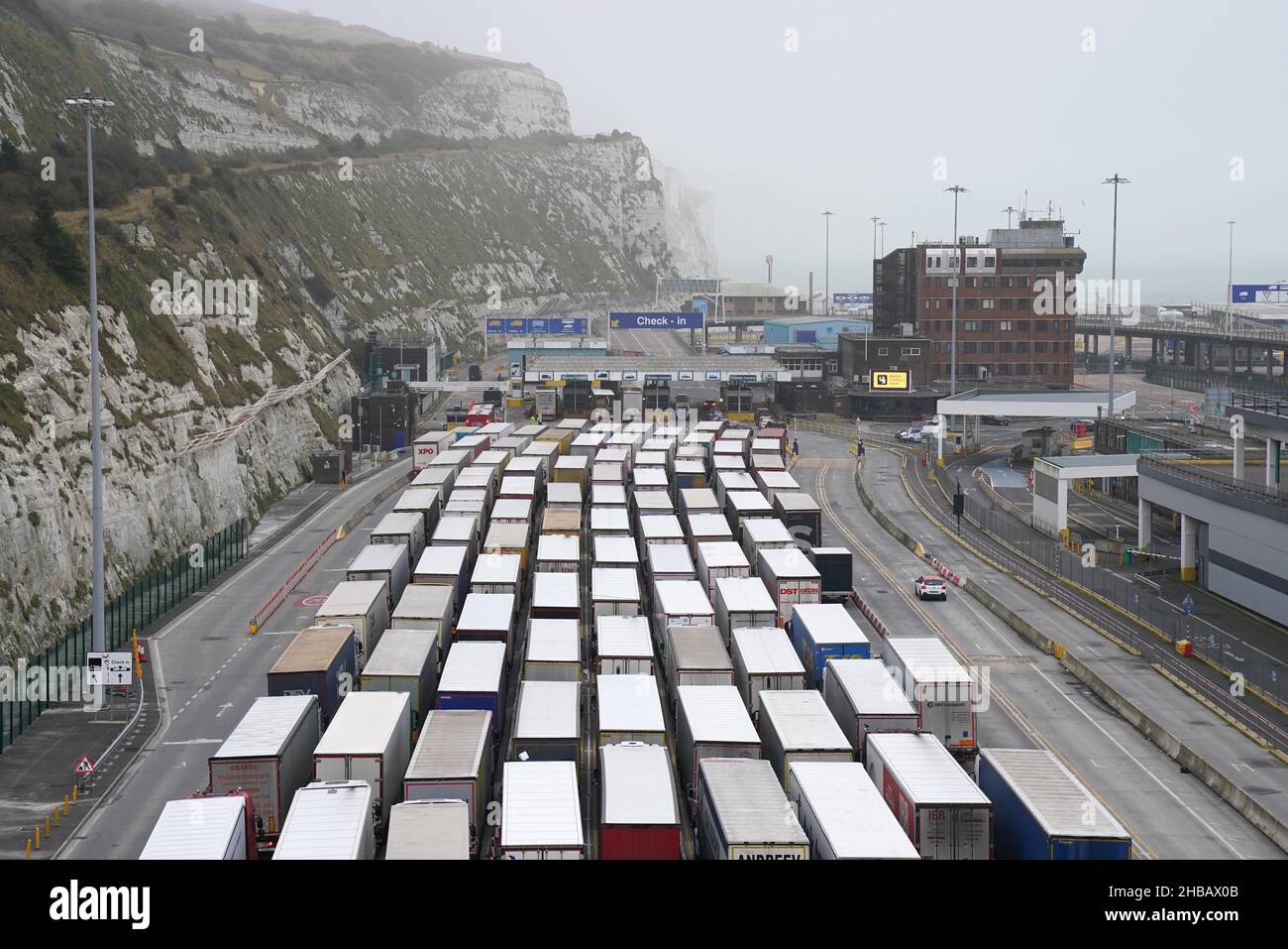 Freight lorries queuing at the port of Dover in Kent. Picture date ...