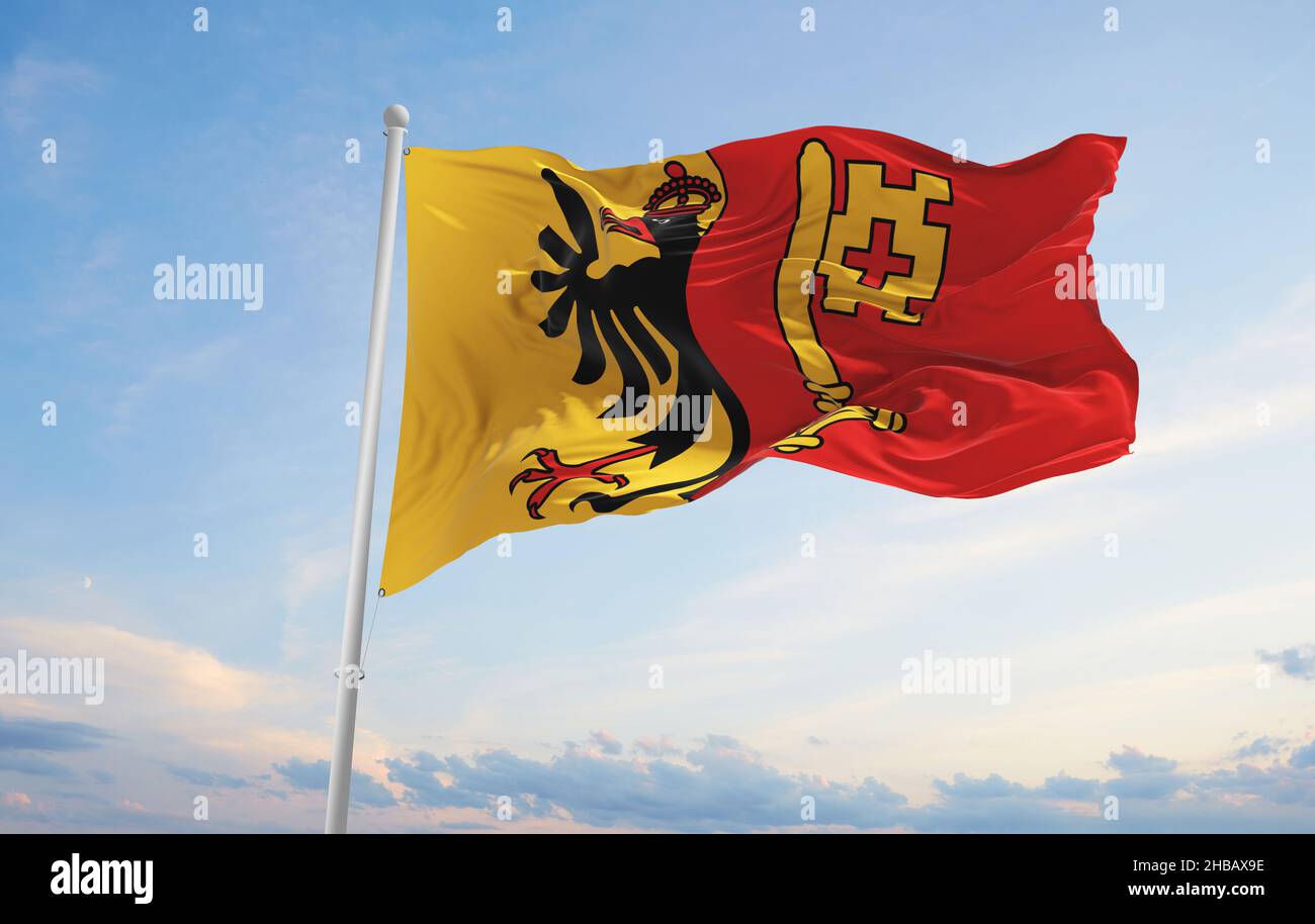 flag of Canton of Geneva , Switzerland at cloudy sky background on ...