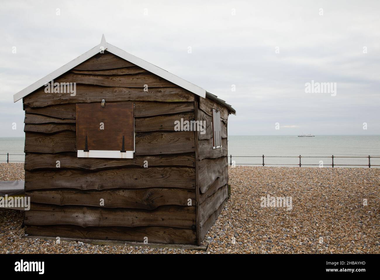Brown beach hut in the morning at Kingsdown beach, near the famous ...