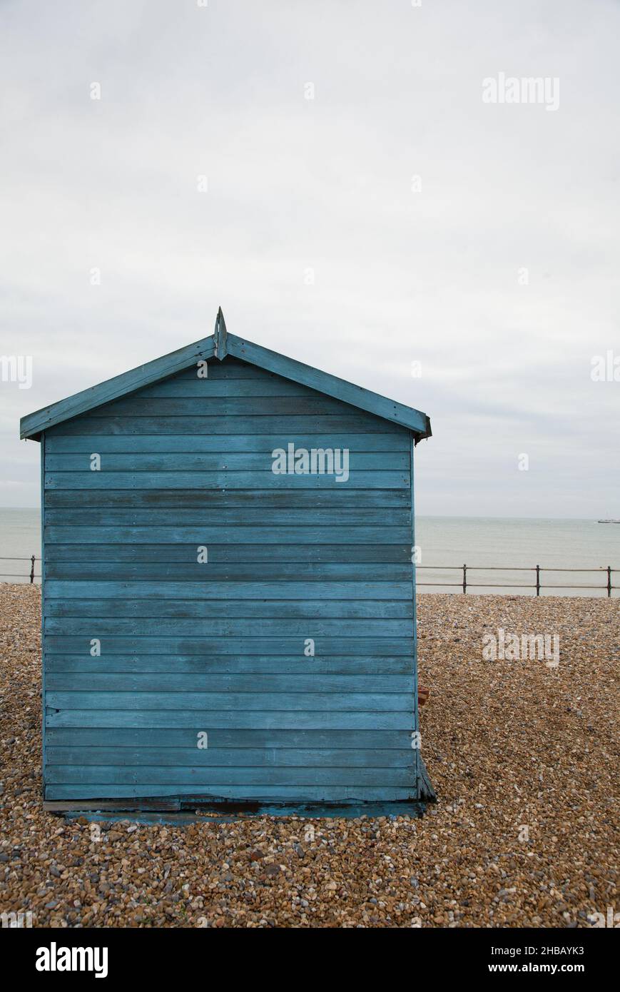 Blue beach hut in the morning at Kingsdown beach, near the famous White ...
