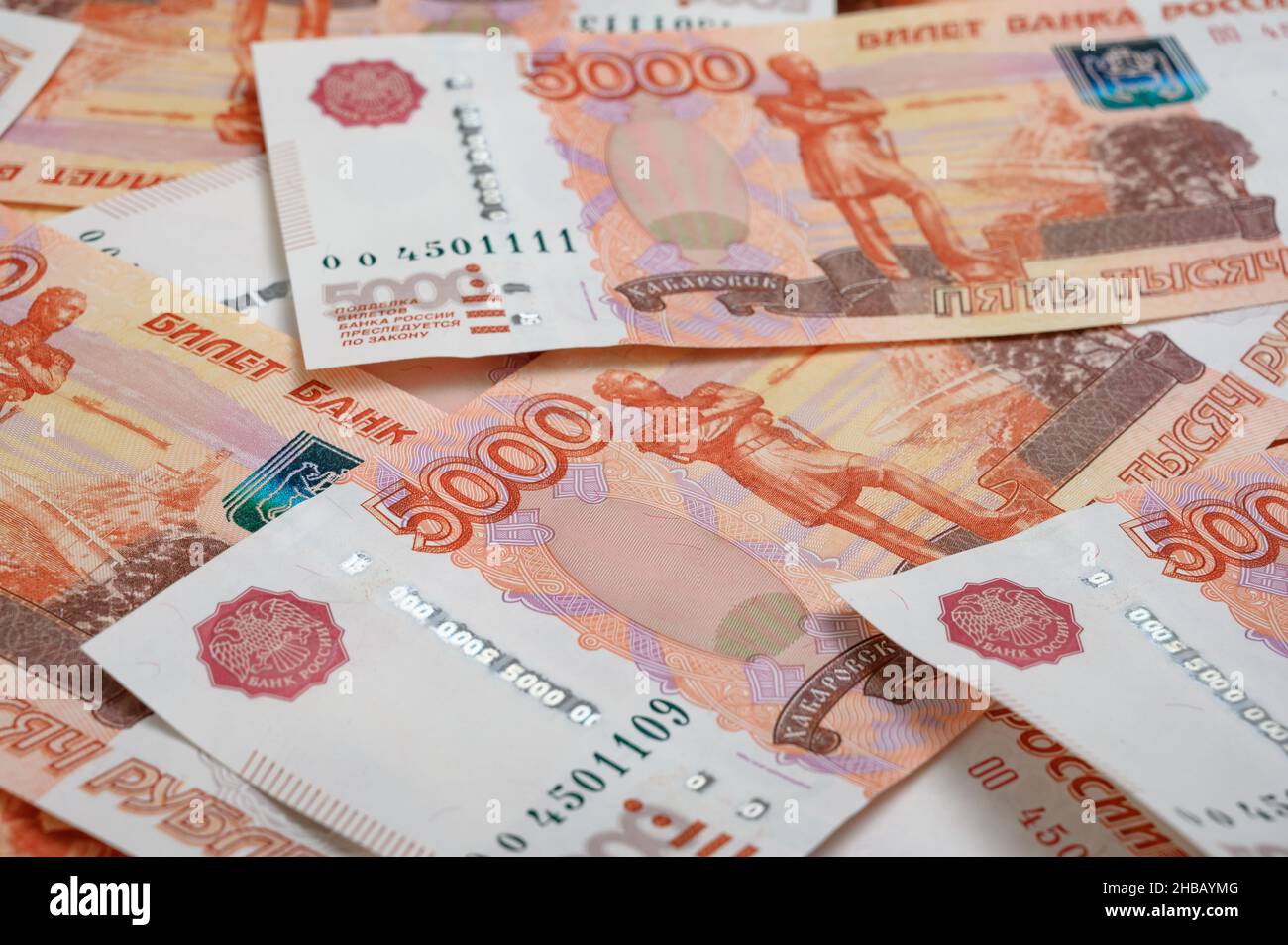 5000 rubles background. Russian banknotes at different angles Stock ...