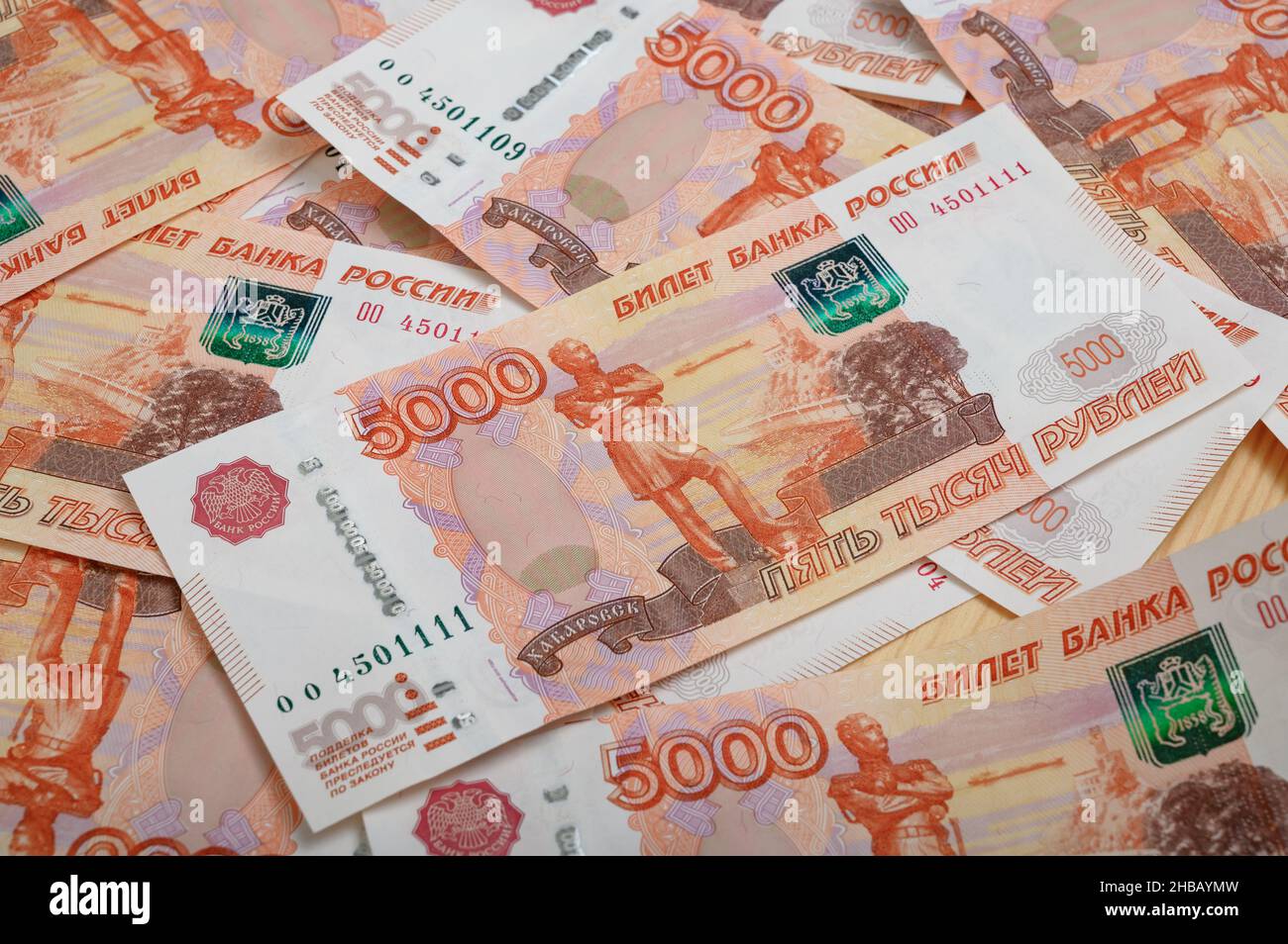 5000 rubles background. Russian banknotes at different angles Stock ...