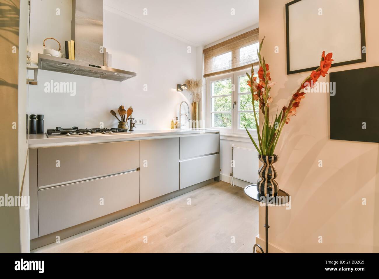 Small kitchen area with gray kitchen unit Stock Photo - Alamy