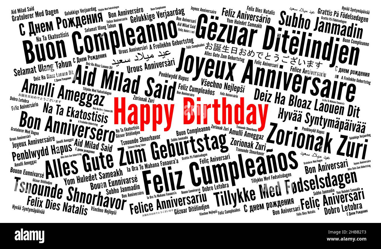 Happy Birthday in different languages word cloud Stock Photo - Alamy