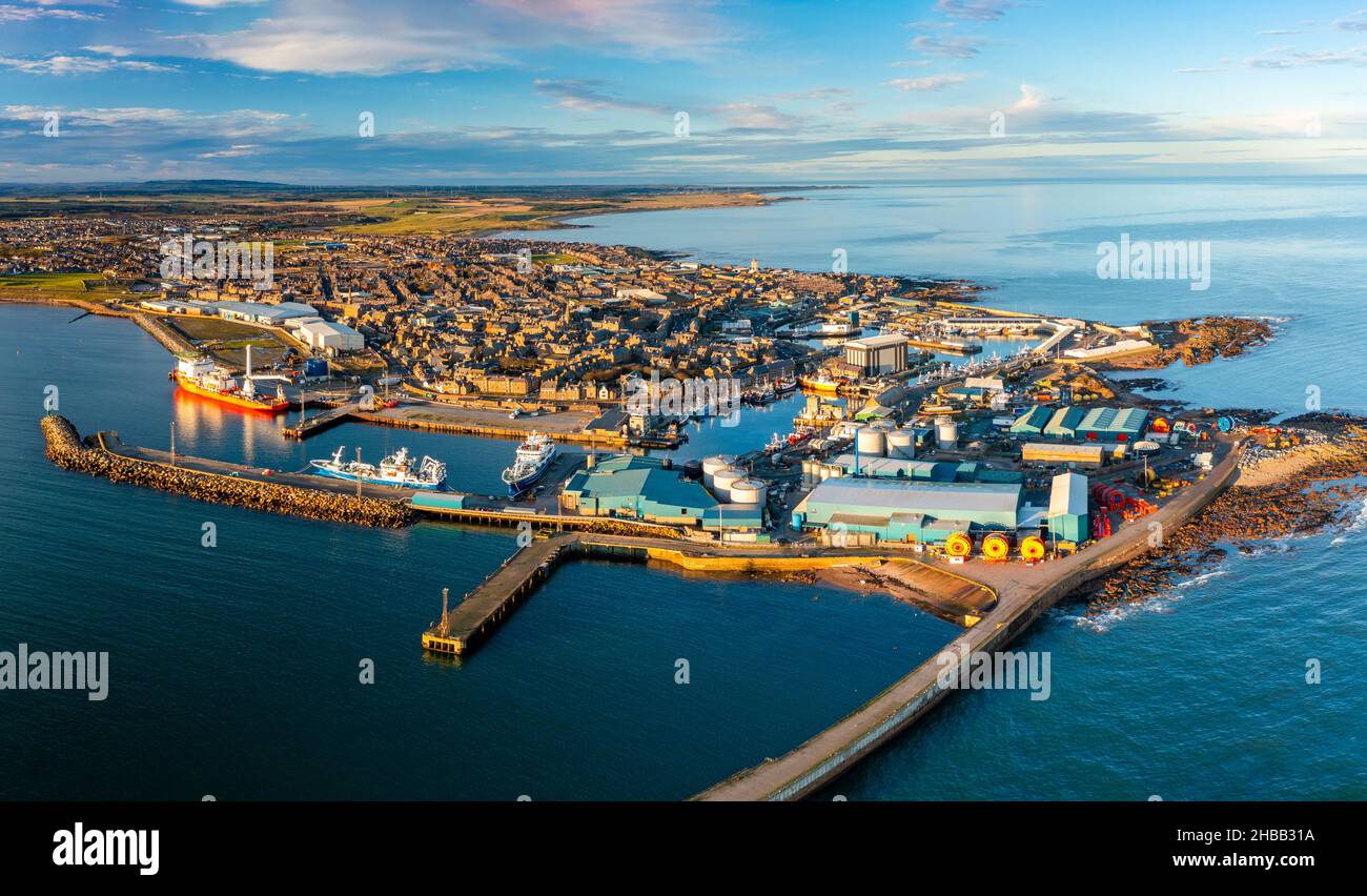 Aerial view of Peterhead old town and fishing harbour in Aberdeenshire ...