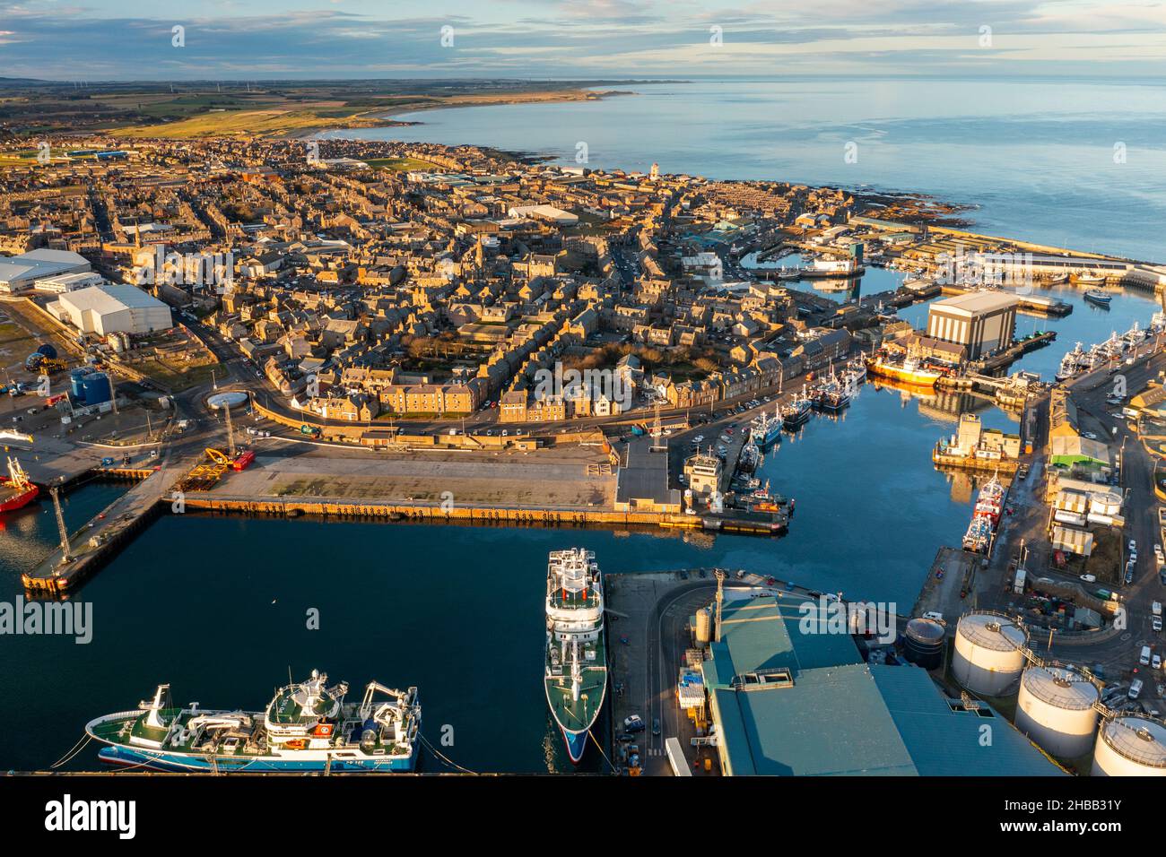 Aerial view of Peterhead old town and fishing harbour in Aberdeenshire ...