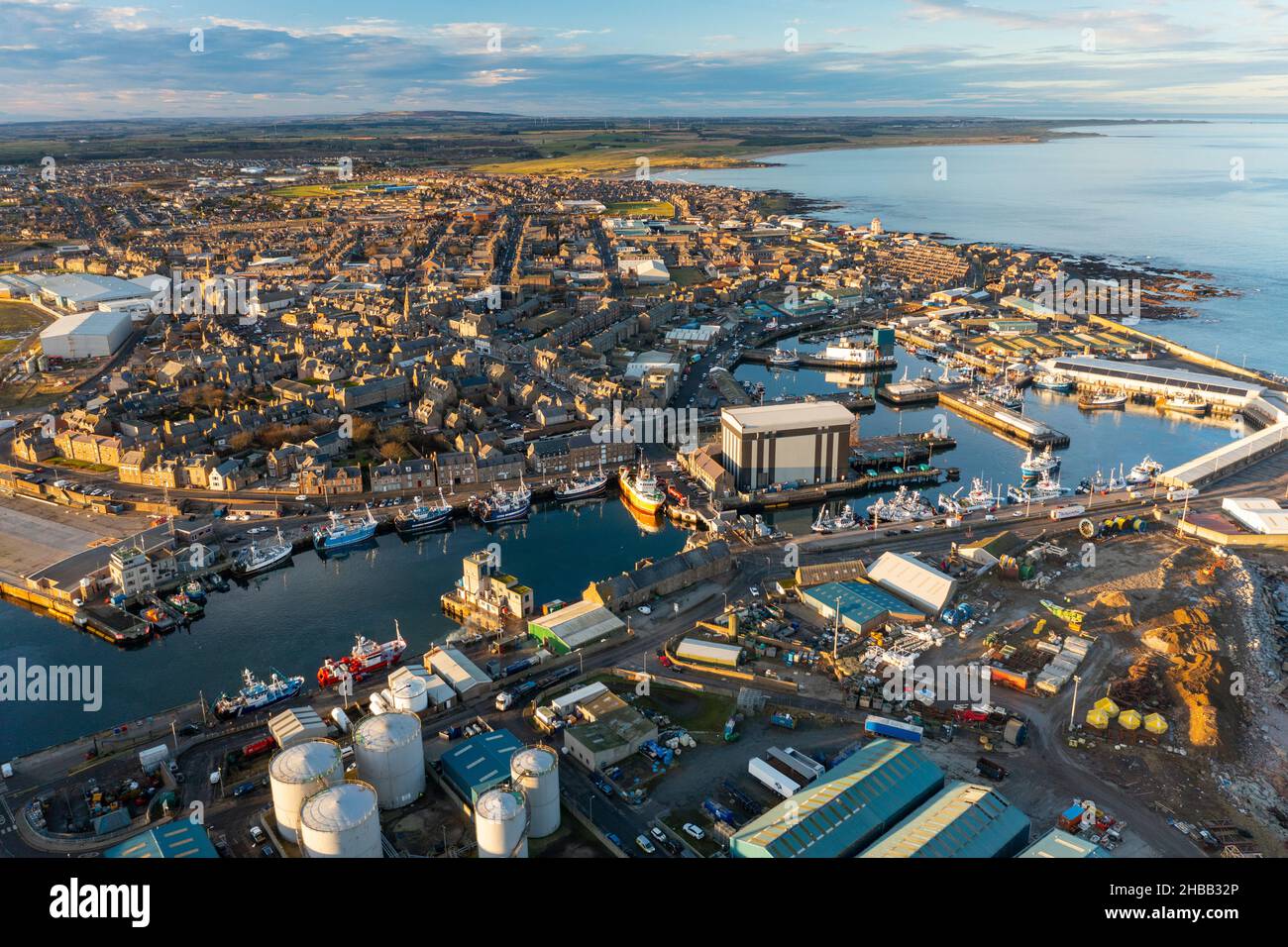 Aerial view of Peterhead old town and fishing harbour in Aberdeenshire ...